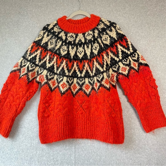 Zara | Sweaters | Zara Tomato Red Black Icelandic Style Fair Isle ...